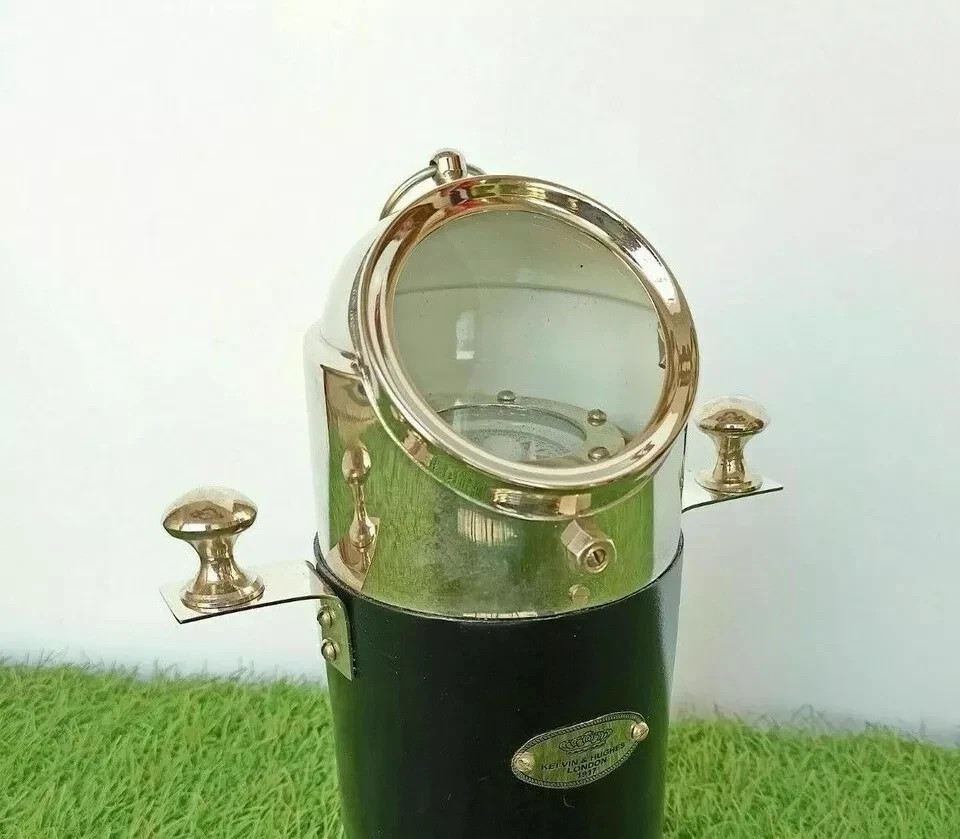 11& BRASS GIMBALLED Binnacle Compass w/ Wooden Base Nautical Maritime ...