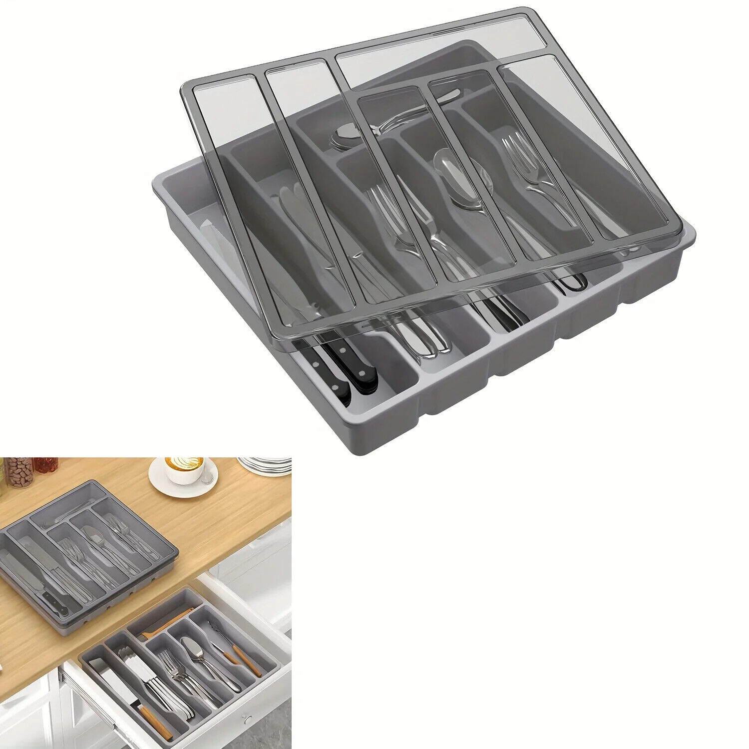 Covered Utensil Tray for Kitchen Drawer Plastic Cutlery and Flatware ...