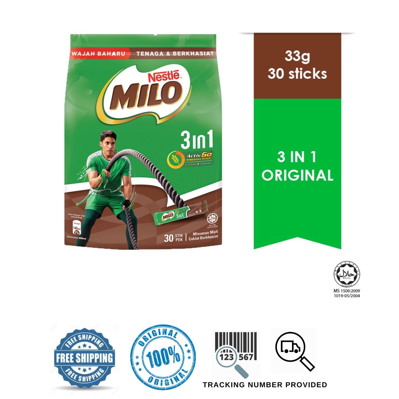 Nestle MILO 3 IN 1 Activ-Go Chocolate Malt Powder Drink Mix (33g x 18 ...