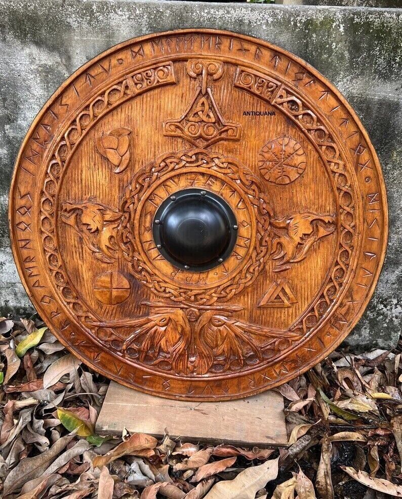 Wooden Warrior Viking Round Shield Knight Battle Medieval Carving ...