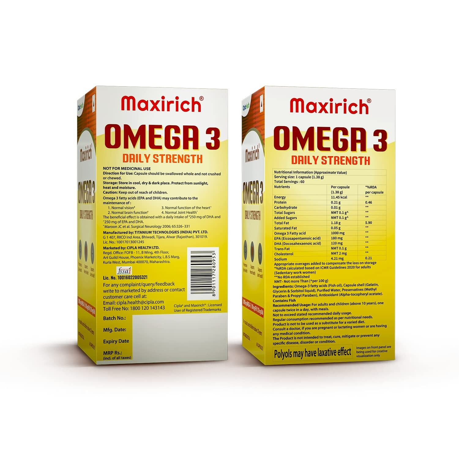 CIPLA MAXIRICH OMEGA 3 Daily Strength 60 Capsule EPA 180 mg DHA 120mg £ ...